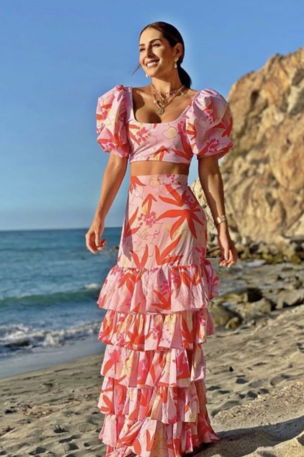 2-piece Puff sleeve ruffle long dress - Street Style Store