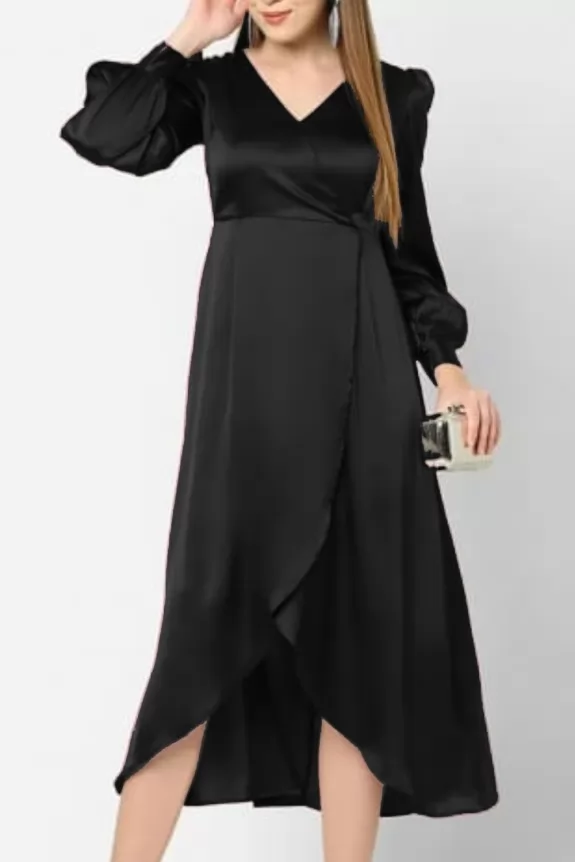 Black Satin long full sleeve dress | Street Style Store | SSS